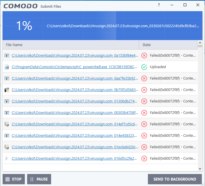 0x80072f8f when CIS uploads unrecognized files to COMODO - Bug Reports - Comodo Forum
